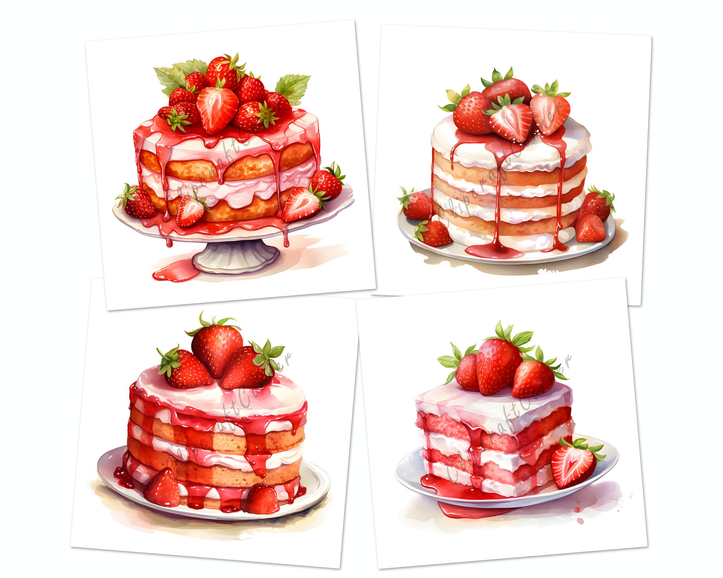 12 Strawberry Cake Clipart PNG Bundle | Watercolor Dessert Clipart PNG ...
