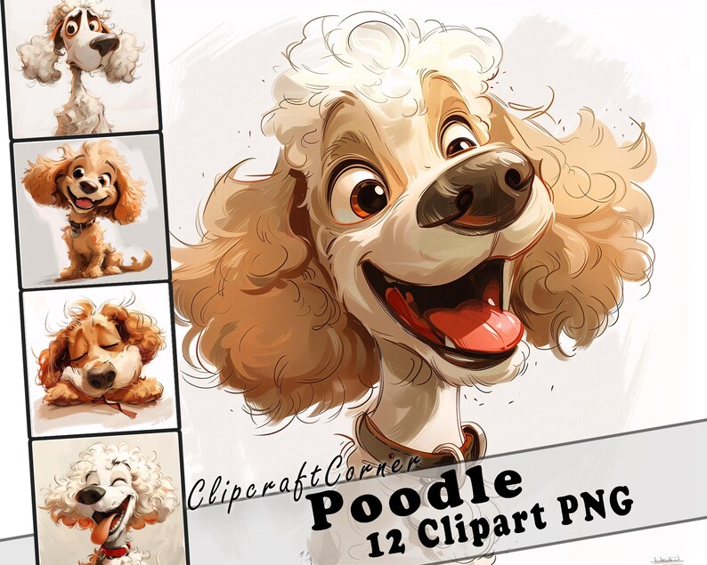 12 Poodle Clipart PNG Funny Dog Bundle | Watercolor Dog Cartoon Clipart ...