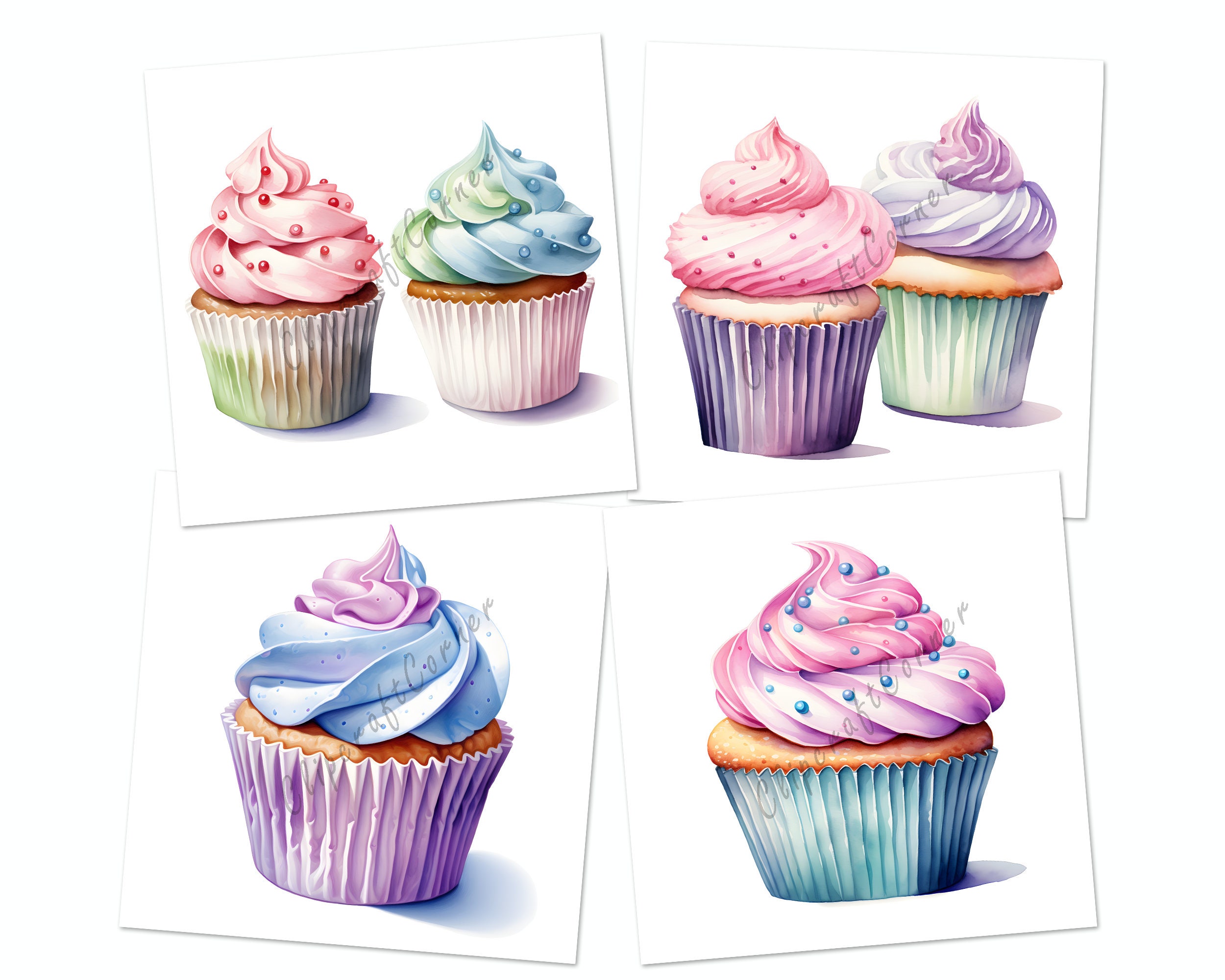 12 Pastel Cupcake Clipart PNG Bundle Watercolor Dessert Clipart PNG ...