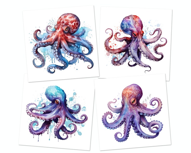 12 Octopus Clipart PNG Bundle | Watercolor Sea Animals Clipart PNG ...