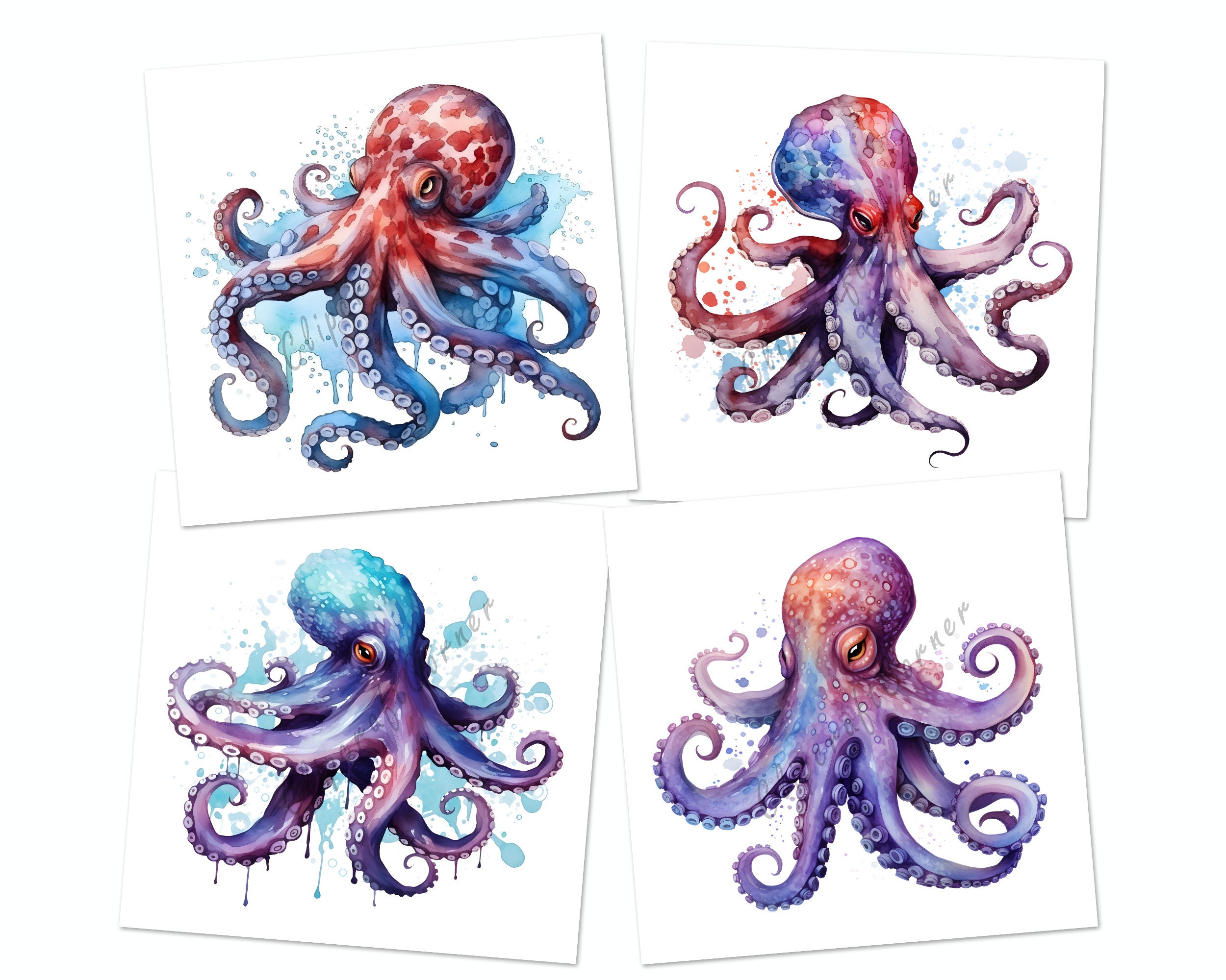 12 Octopus Clipart PNG Bundle | Watercolor Sea Animals Clipart PNG ...