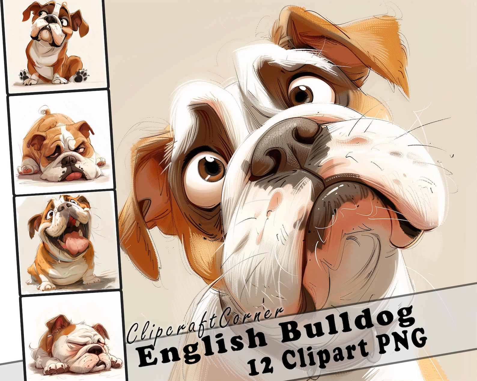 12 English Bulldog Clipart PNG Funny Dog Bundle | Watercolor Dog ...