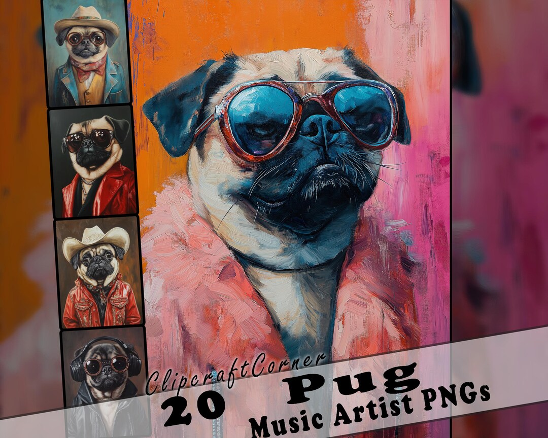 20 Pug Clipart Images | Pug Dog Portraits as Music Stars | Pug PNG Art ...