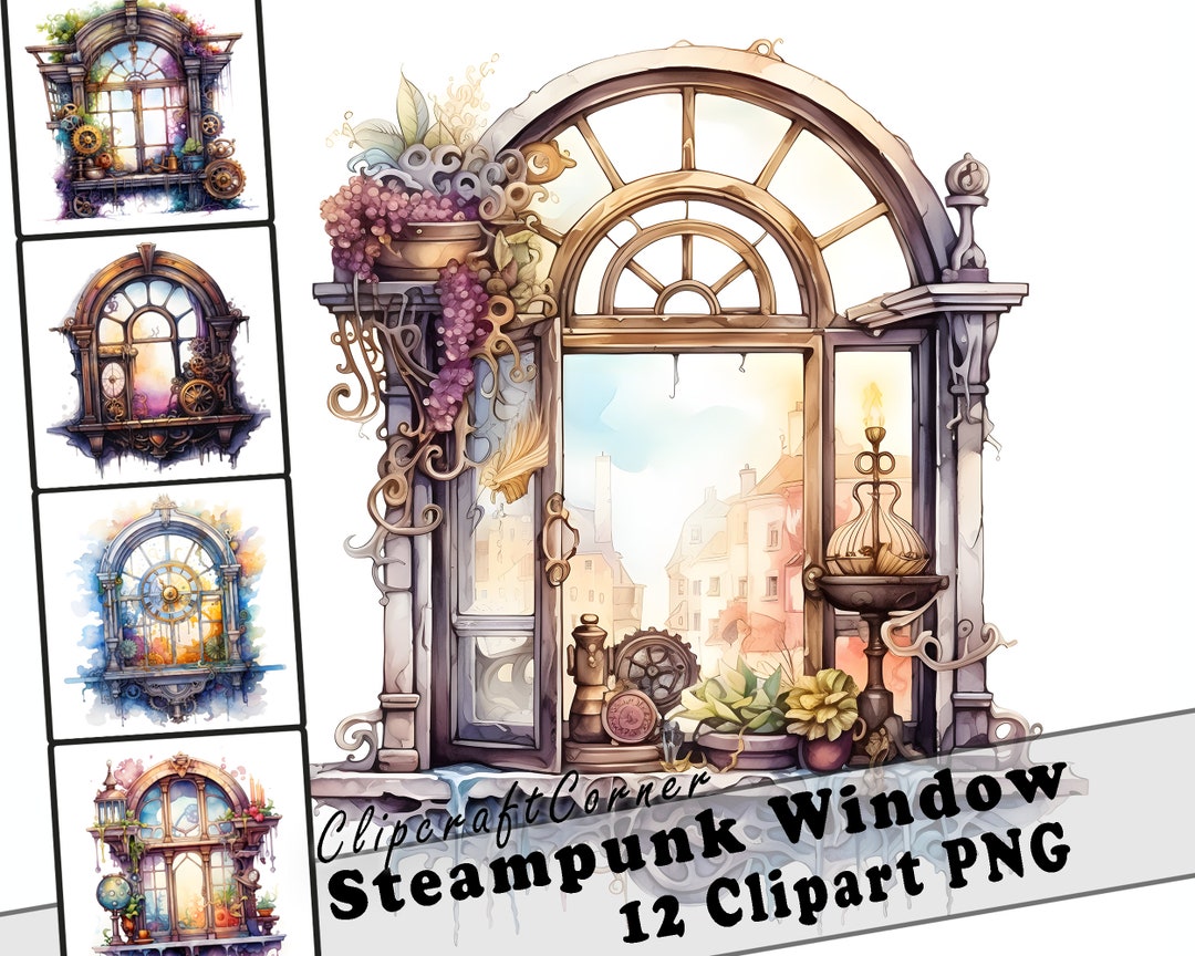 12 Steampunk Window Clipart PNG Bundle | Watercolor Steampunk Window ...