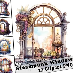 12 Steampunk Window Clipart PNG Bundle | Watercolor Steampunk Window ...