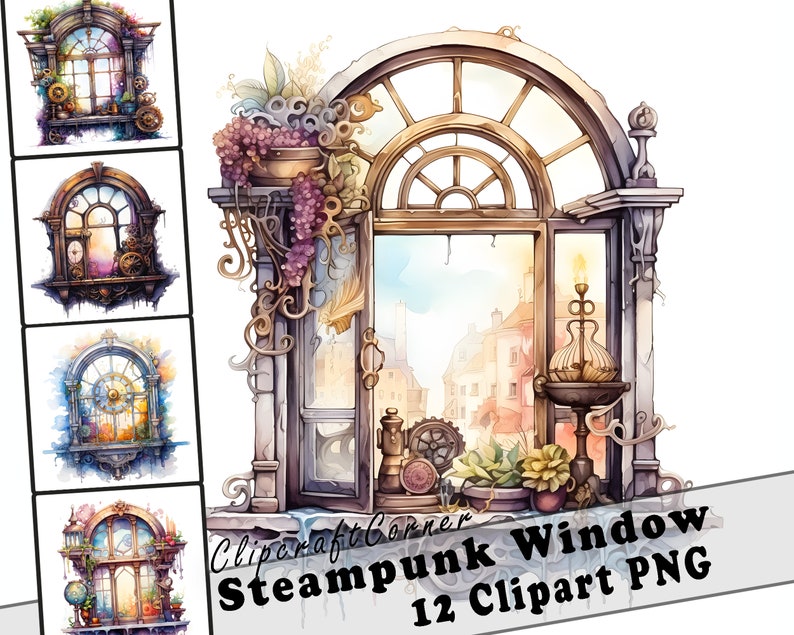 12 Steampunk Window Clipart PNG Bundle | Watercolor Steampunk Window Clipart PNG Art | Fantasy ...