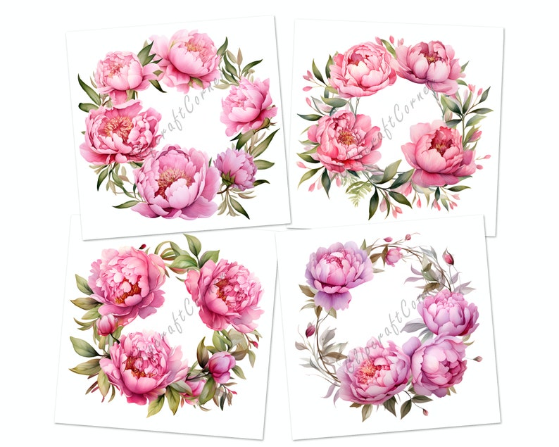 12 Peony Wreath Flowers Clipart PNG | Watercolor Peony Floral Wreath ...