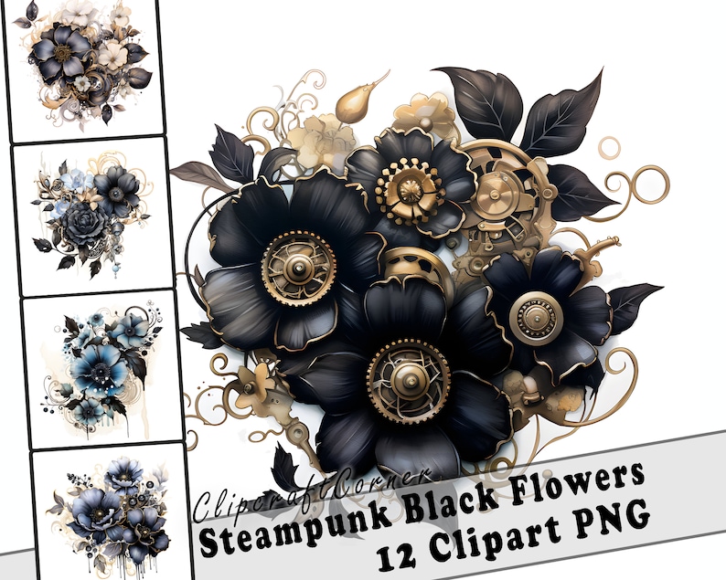 12 Steampunk Black Flowers Clipart PNG Bundle | Watercolor Steampunk ...