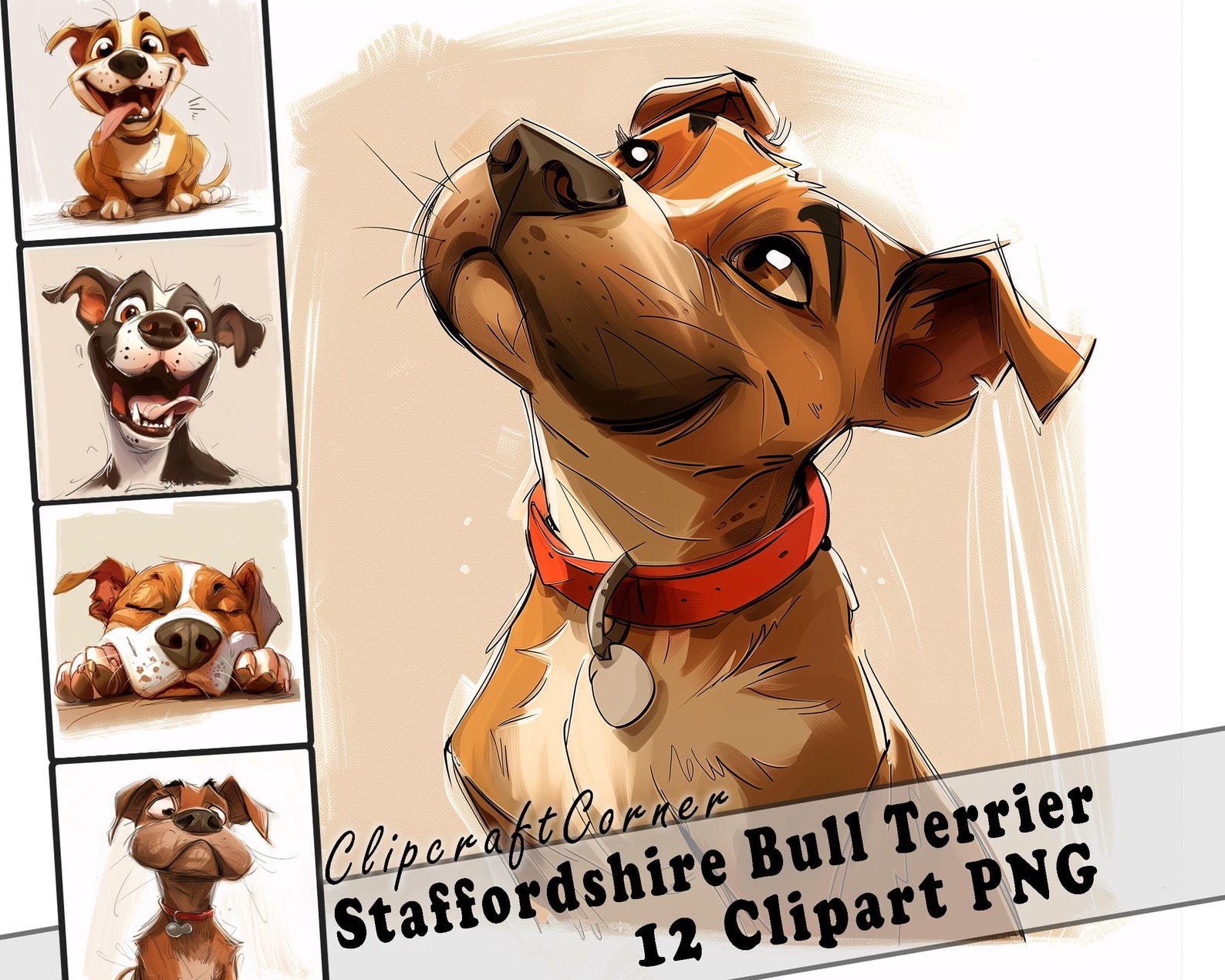 12 Staffordshire Bull Terrier Clipart PNG Funny Dog Bundle | Watercolor ...