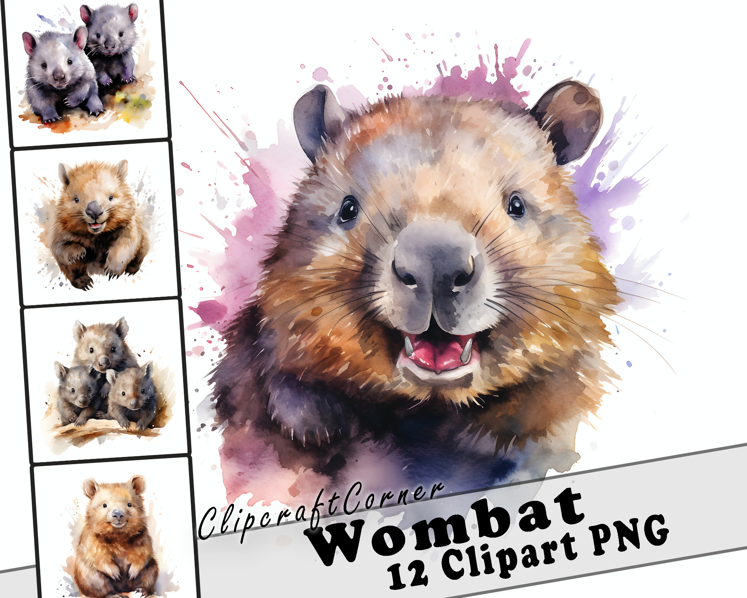 12 Wombat Clipart PNG Forest Animal Bundle | Watercolor Wombat Clipart ...