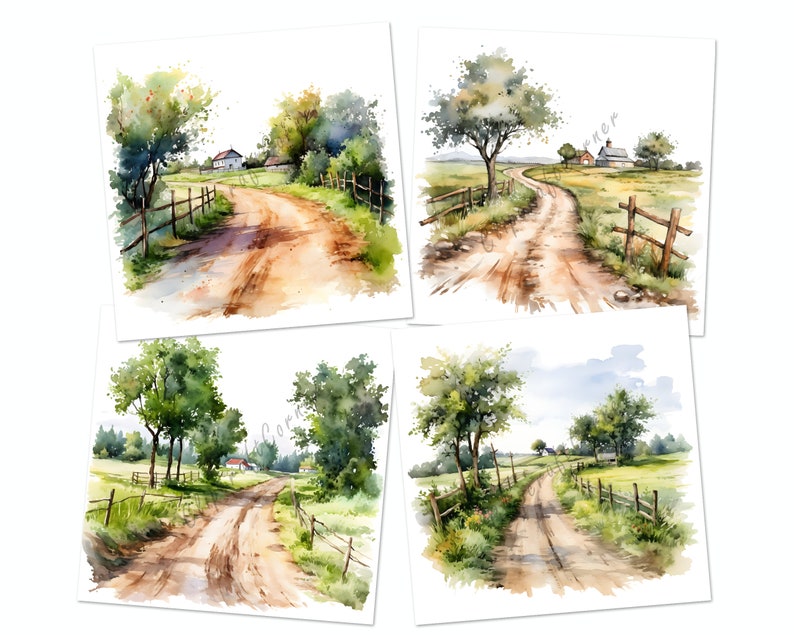 12 Country Lanes Clipart PNG Bundle | Watercolor Country Road Clipart ...