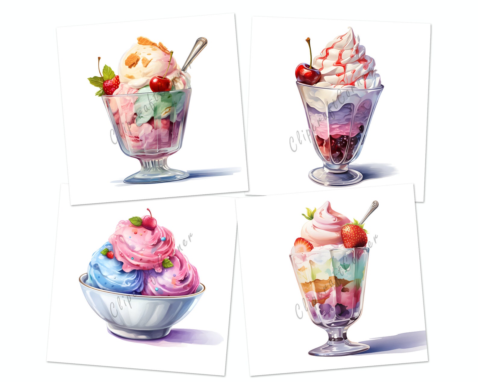 12 Ice Cream Clipart PNG Bundle | Watercolor Dessert Clipart PNG | Food ...