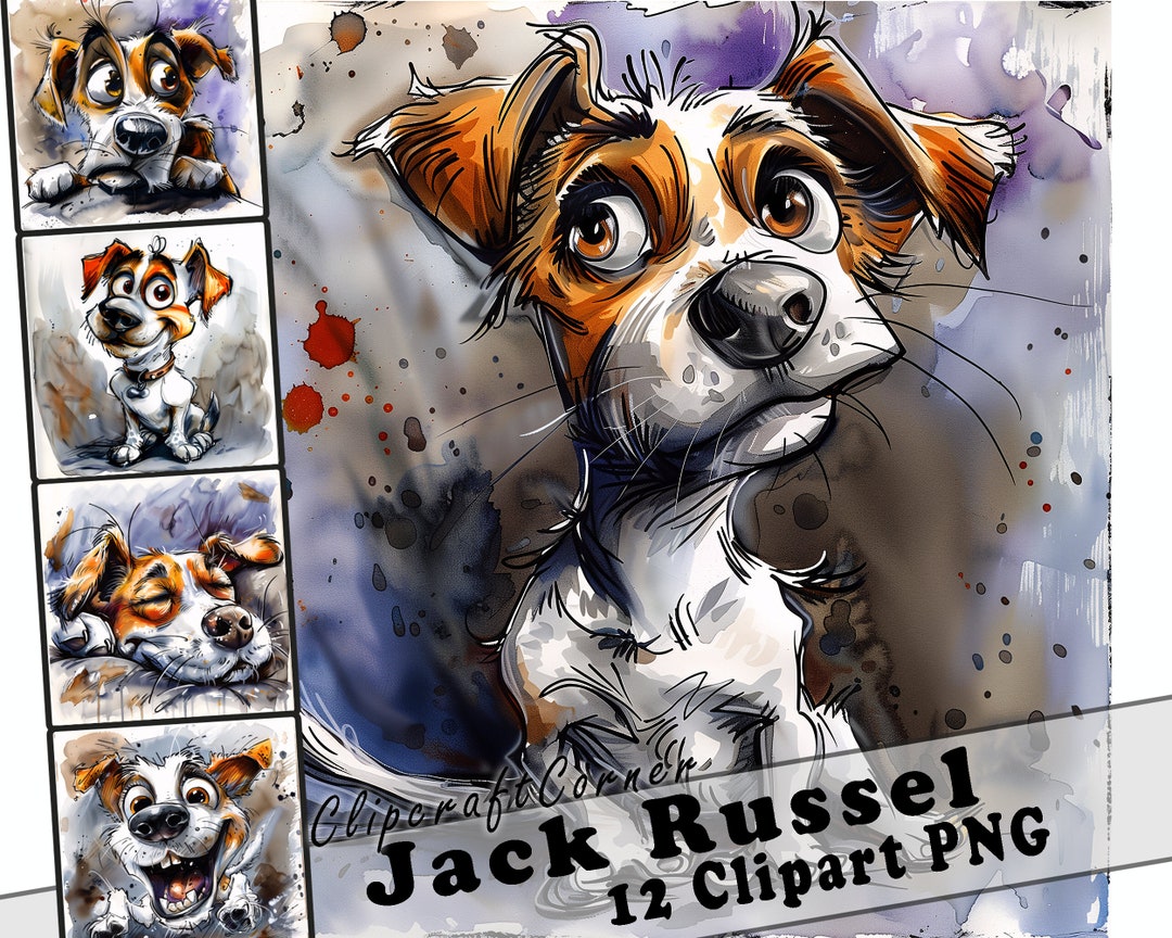 12 Jack Russel Clipart PNG Funny Dog Bundle | Watercolor Dog Caricature Clipart PNG | Animal ...