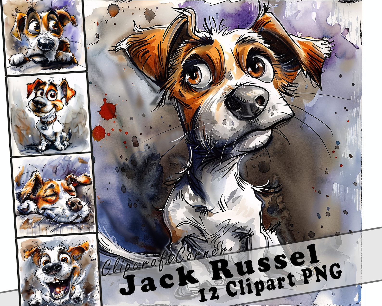 12 Jack Russel Clipart PNG Funny Dog Bundle | Watercolor Dog Caricature ...