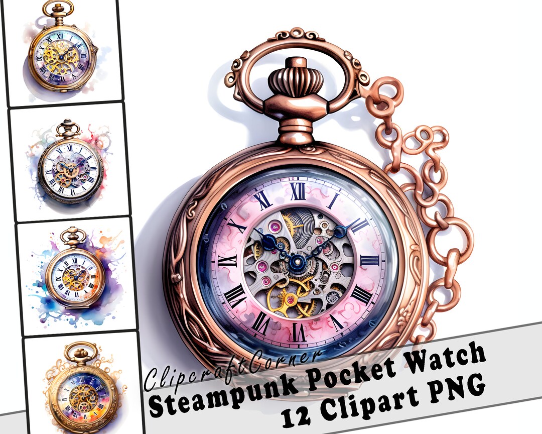 12 Steampunk Pocket Watch Clipart PNG Bundle | Watercolor Steampunk ...