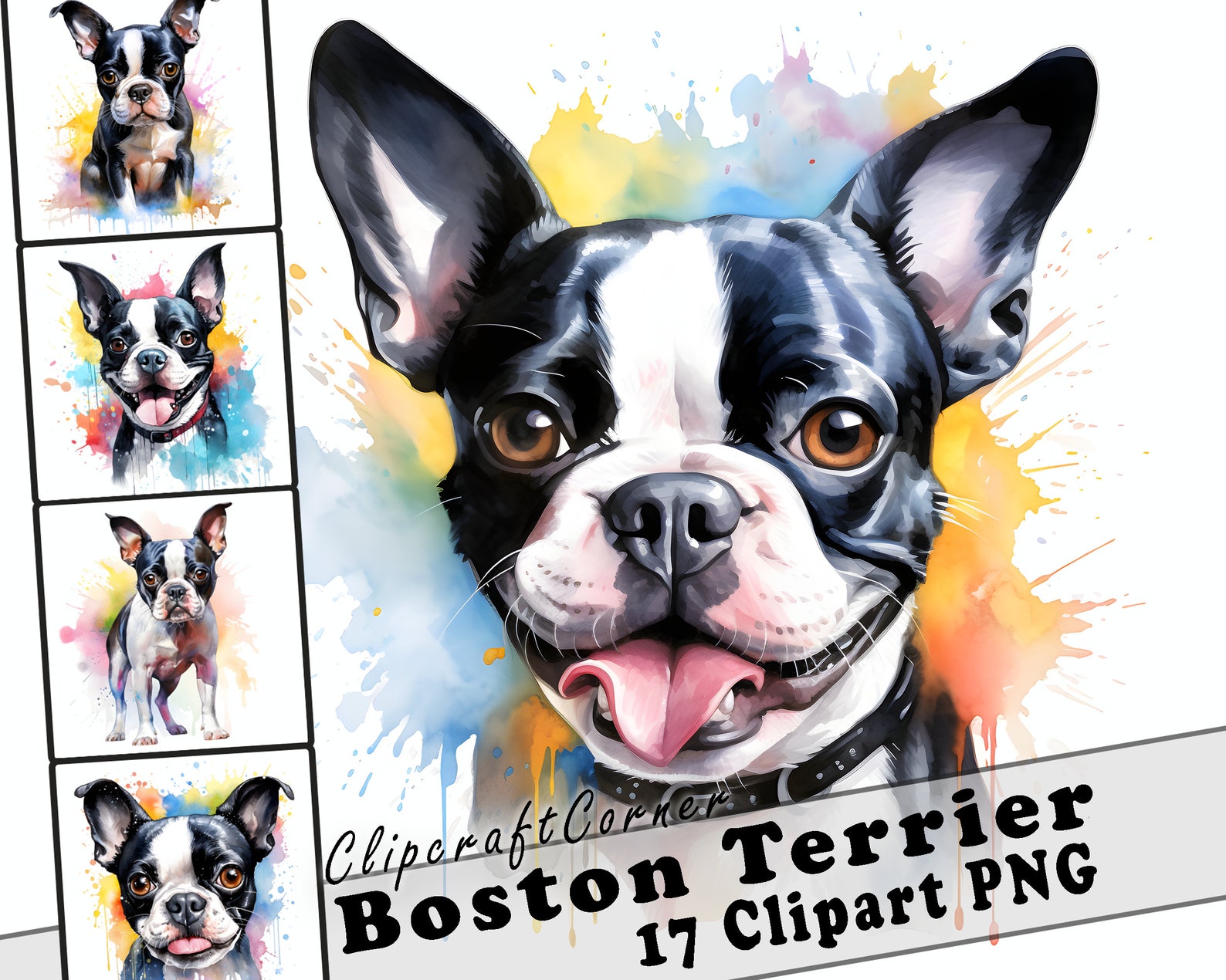 17 Boston Terrier Clipart PNG Bundle | Watercolor Dog Clipart PNG | 33 ...