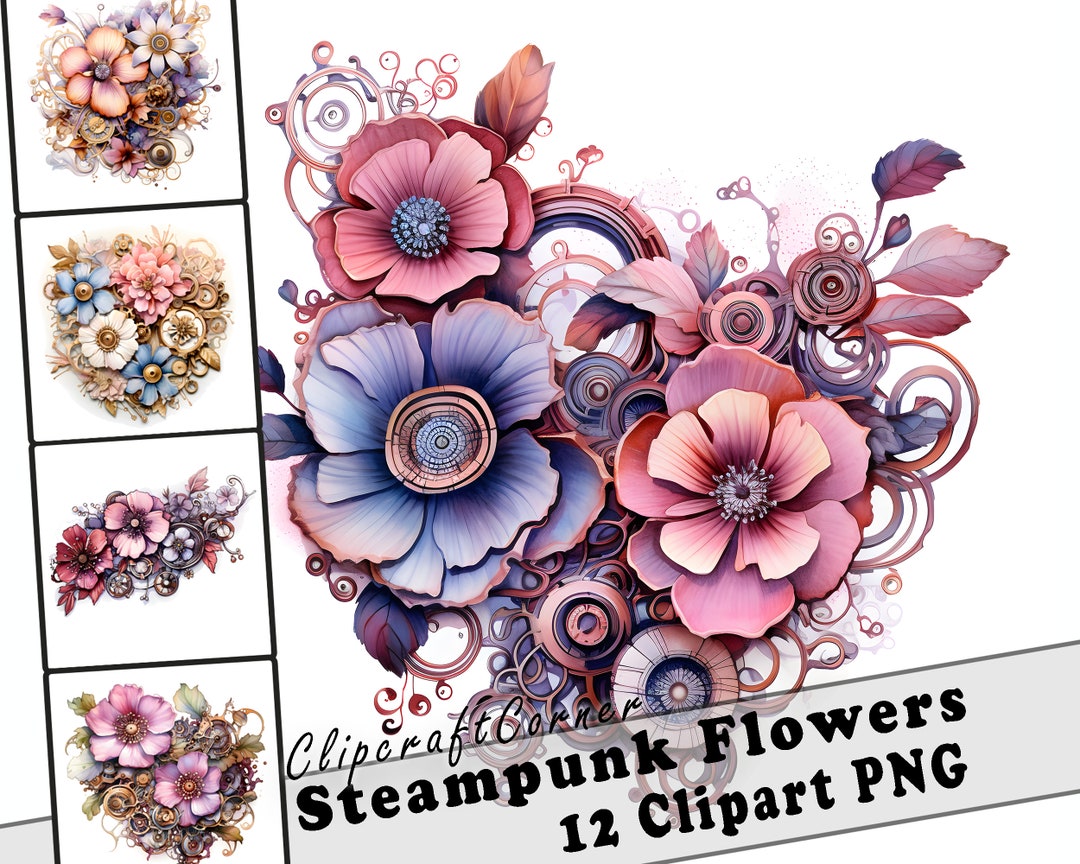 12 Steampunk Flowers Clipart PNG Bundle | Watercolor Steampunk Flower ...
