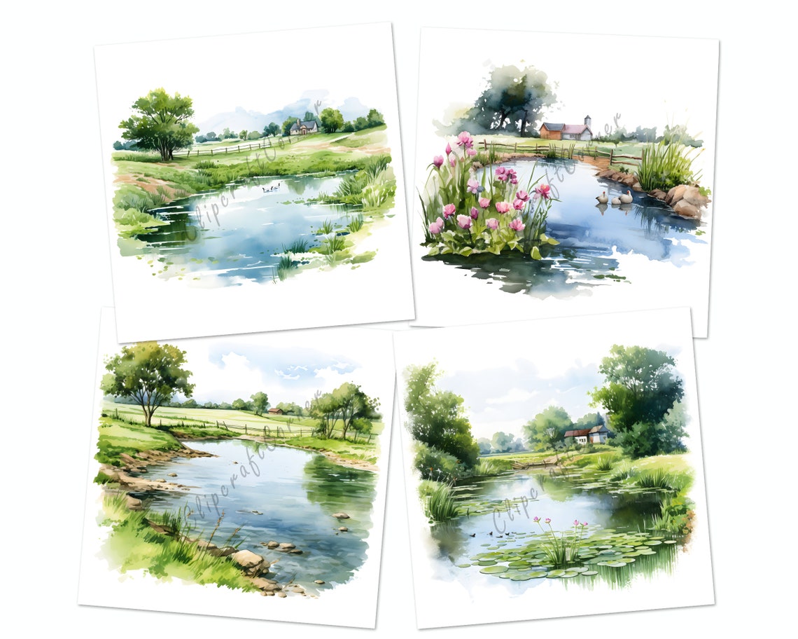 12 Farm Pond Clipart PNG Bundle | Watercolor Pond Clipart PNG | Farm ...