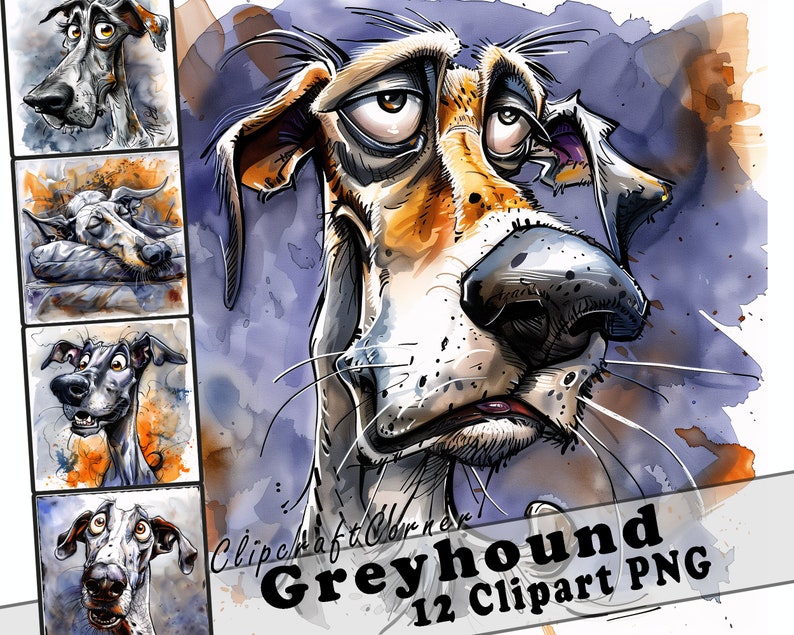 12 Greyhound Clipart PNG Funny Dog Bundle | Watercolor Dog Caricature ...