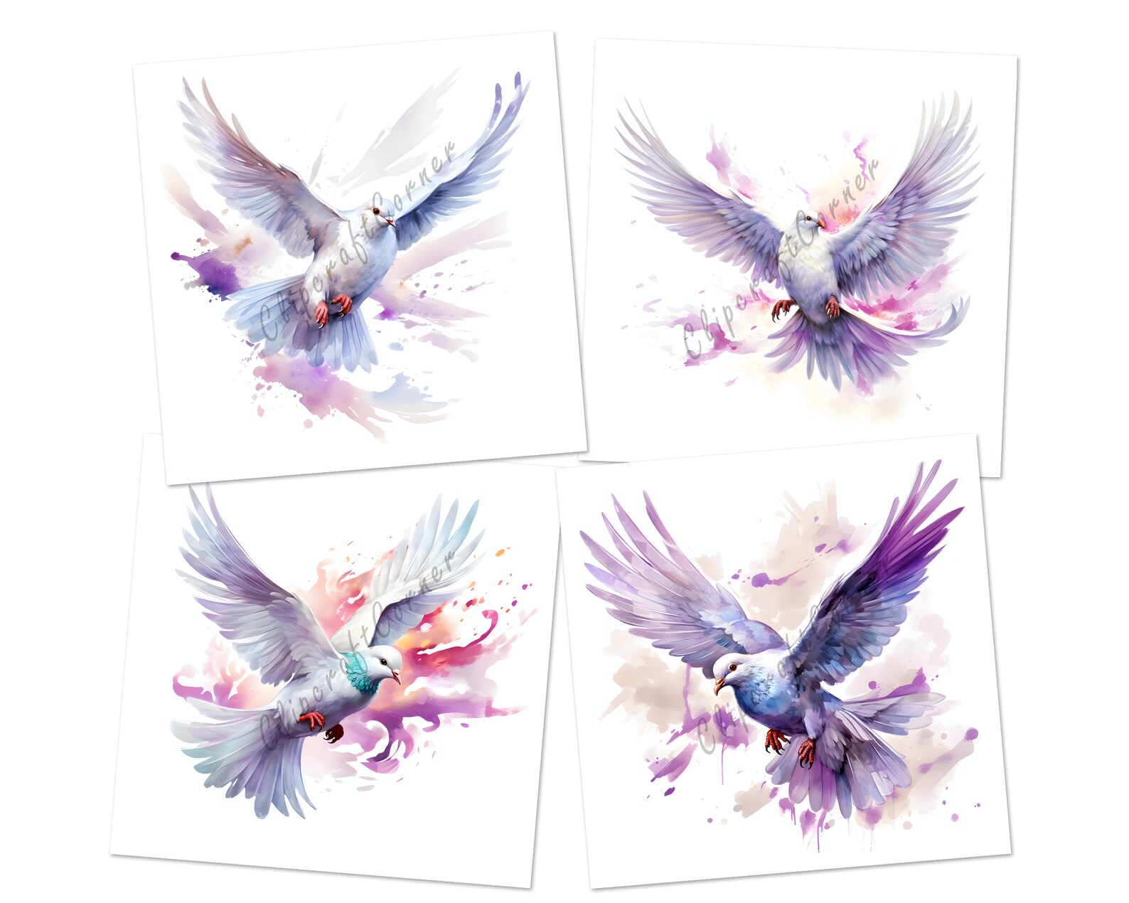 12 Doves in Flight Clipart PNG Art Bundle | Watercolor Bird Clipart PNG ...