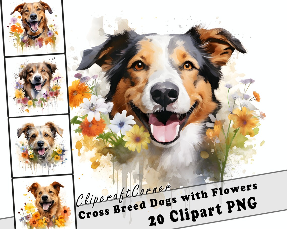 20 Cross Breed Dogs and Flowers Clipart PNG Bundle - Etsy