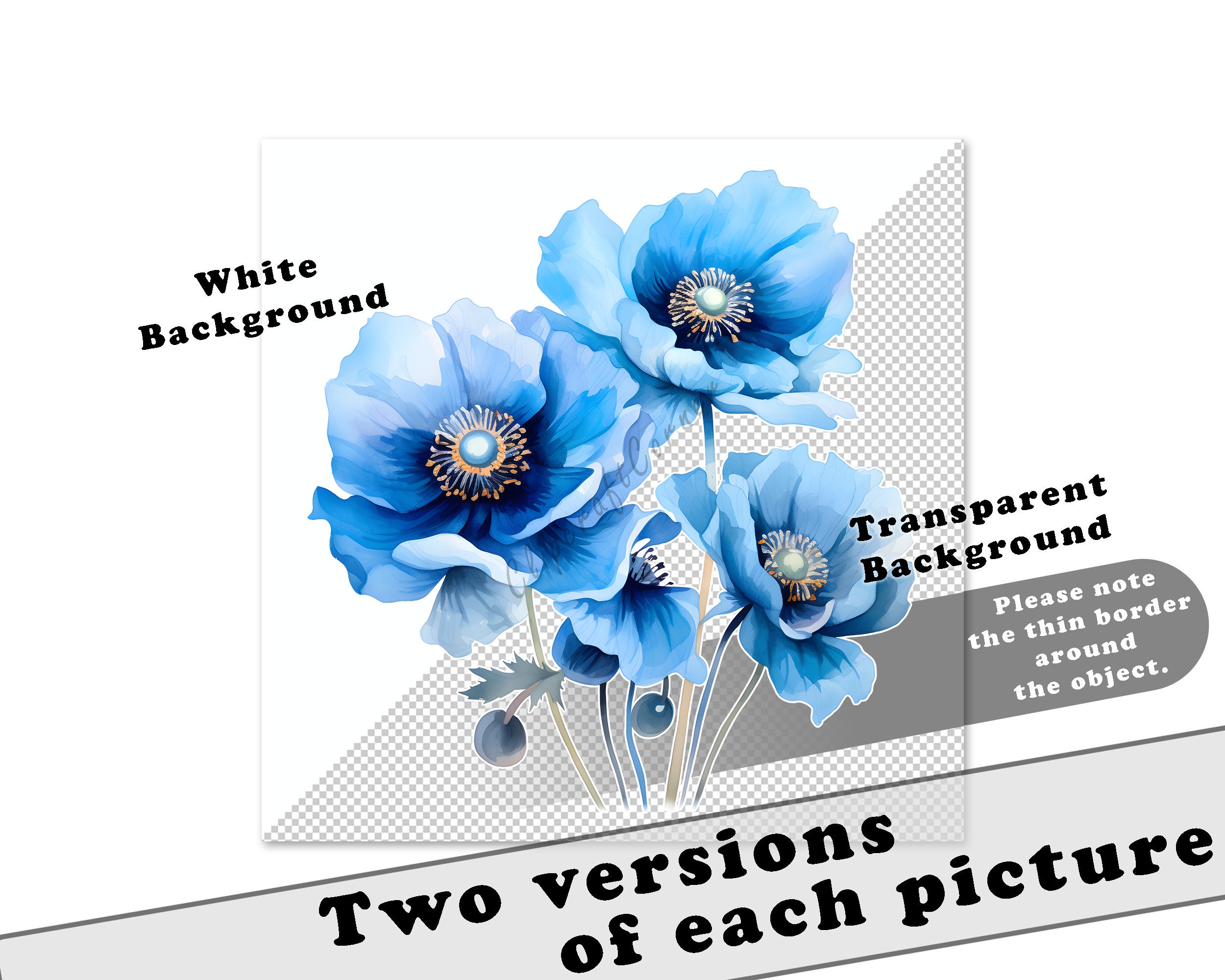 12 Blue Poppy Clipart PNG Art Bundle | Watercolor Flower Clipart PNG ...