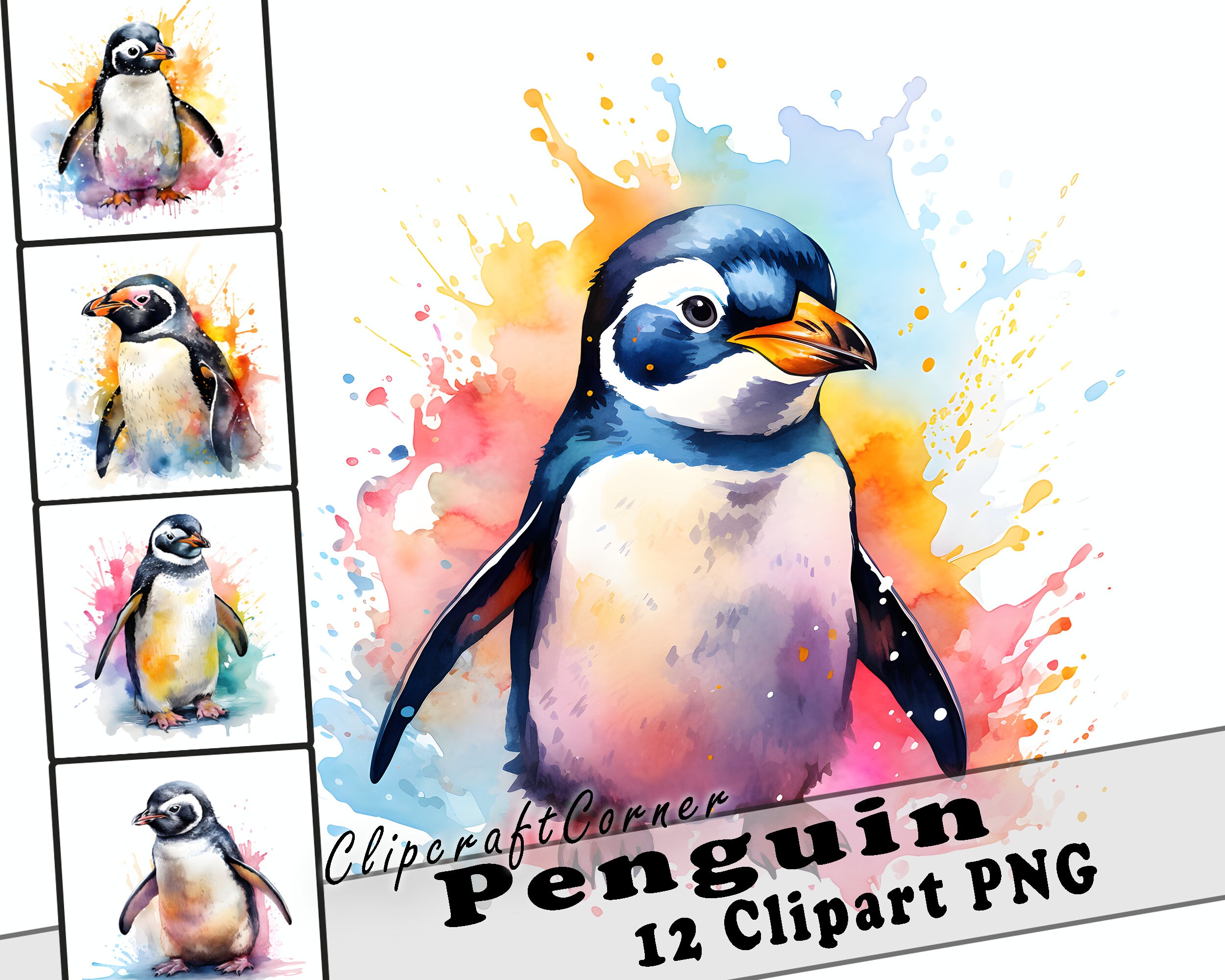 12 Penguin Clipart PNG Art Bundle Watercolor Bird Clipart PNG Artwork ...