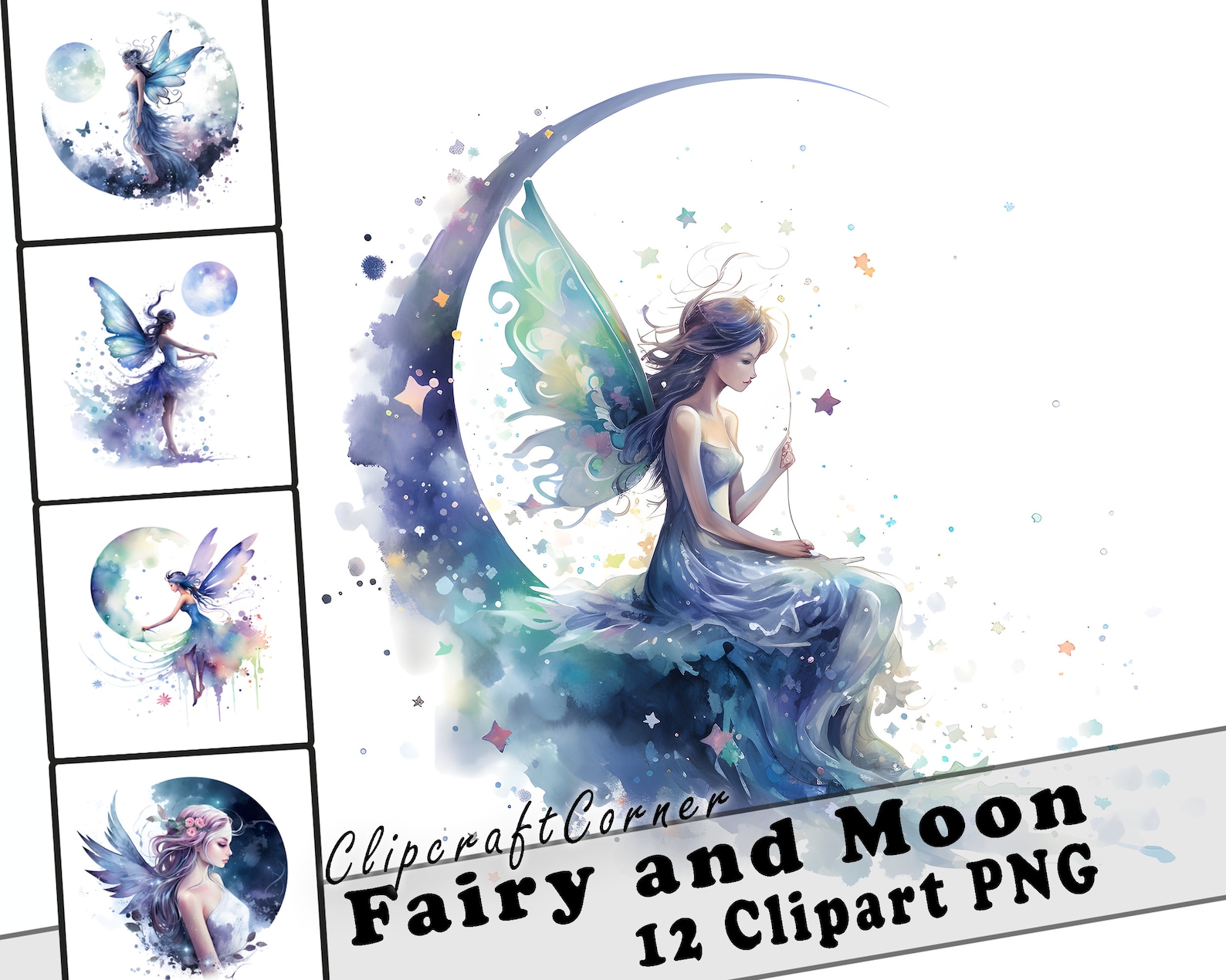 12 Fairy on Moon Clipart PNG Fairytale Bundle | Magical Watercolor ...