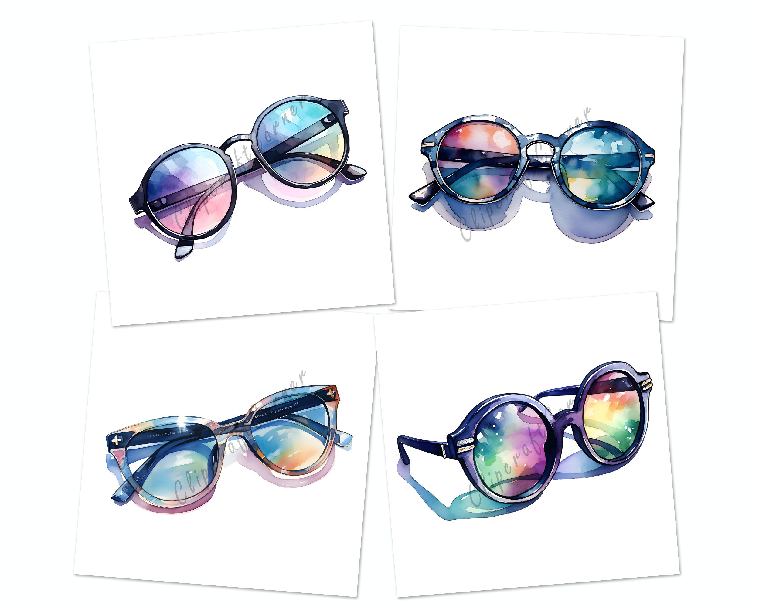 12 Sunglasses Clipart PNG Bundle | Tropical Watercolor Clipart PNG ...