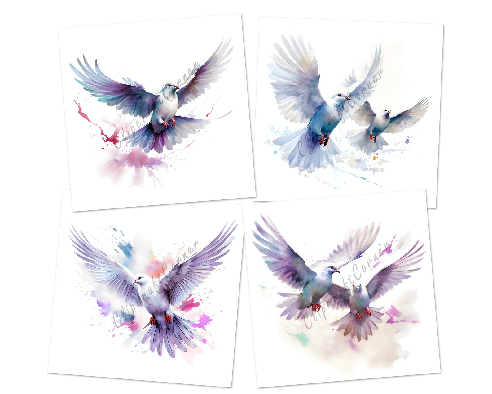 12 Doves in Flight Clipart PNG Art Bundle | Watercolor Bird Clipart PNG ...