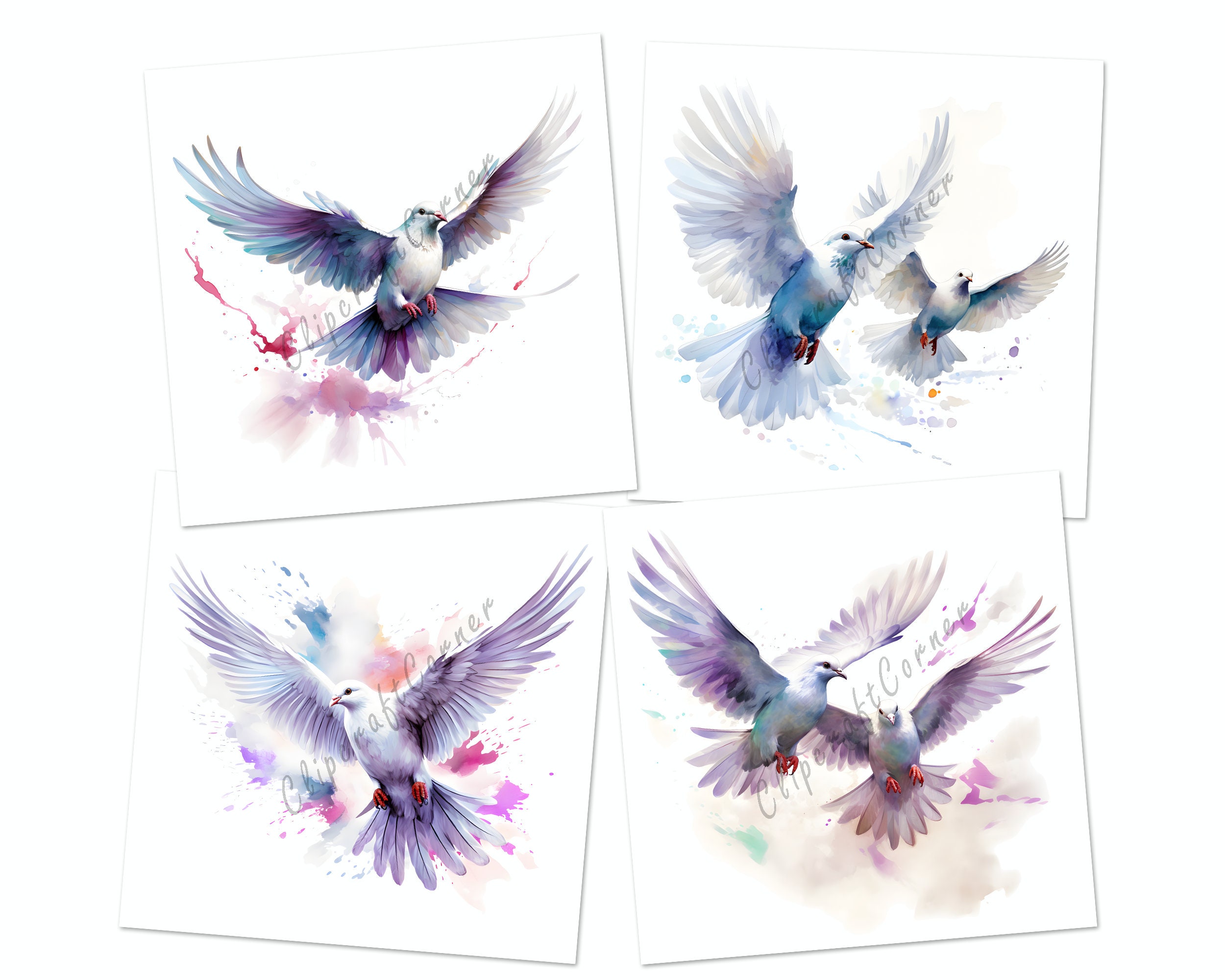 12 Doves in Flight Clipart PNG Art Bundle | Watercolor Bird Clipart PNG ...