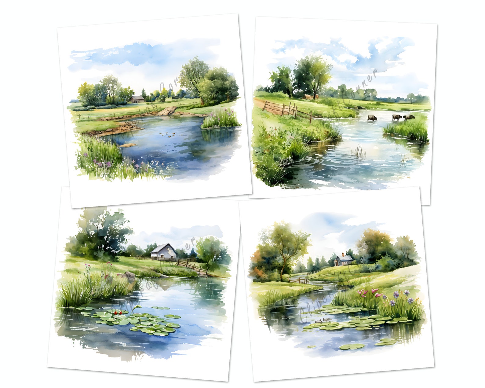 12 Farm Pond Clipart PNG Bundle | Watercolor Pond Clipart PNG | Farm ...