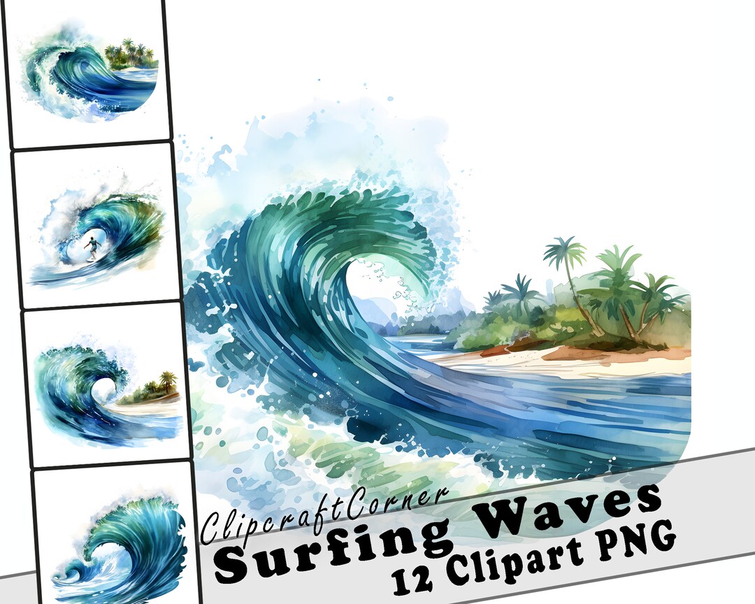 12 Surfing Wave Clipart PNG Bundle | Tropical Beach Watercolor Clipart ...