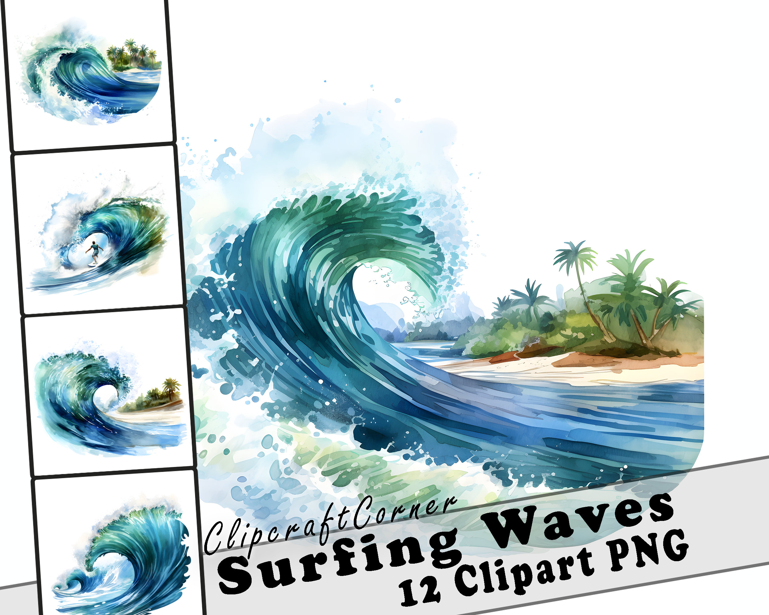 12 Surfing Wave Clipart PNG Bundle | Tropical Beach Watercolor Clipart ...