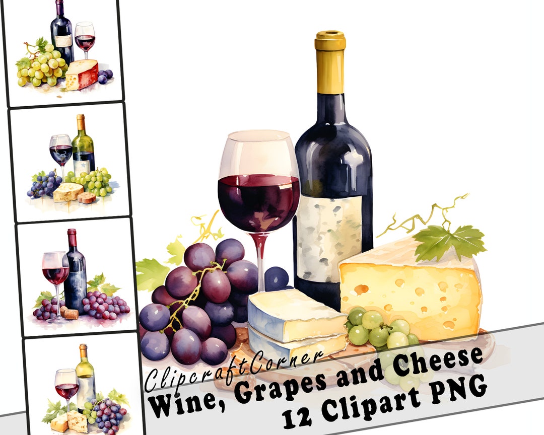 12 Wine, Grapes and Cheese Clipart PNG Bundle | Watercolor Dessert ...