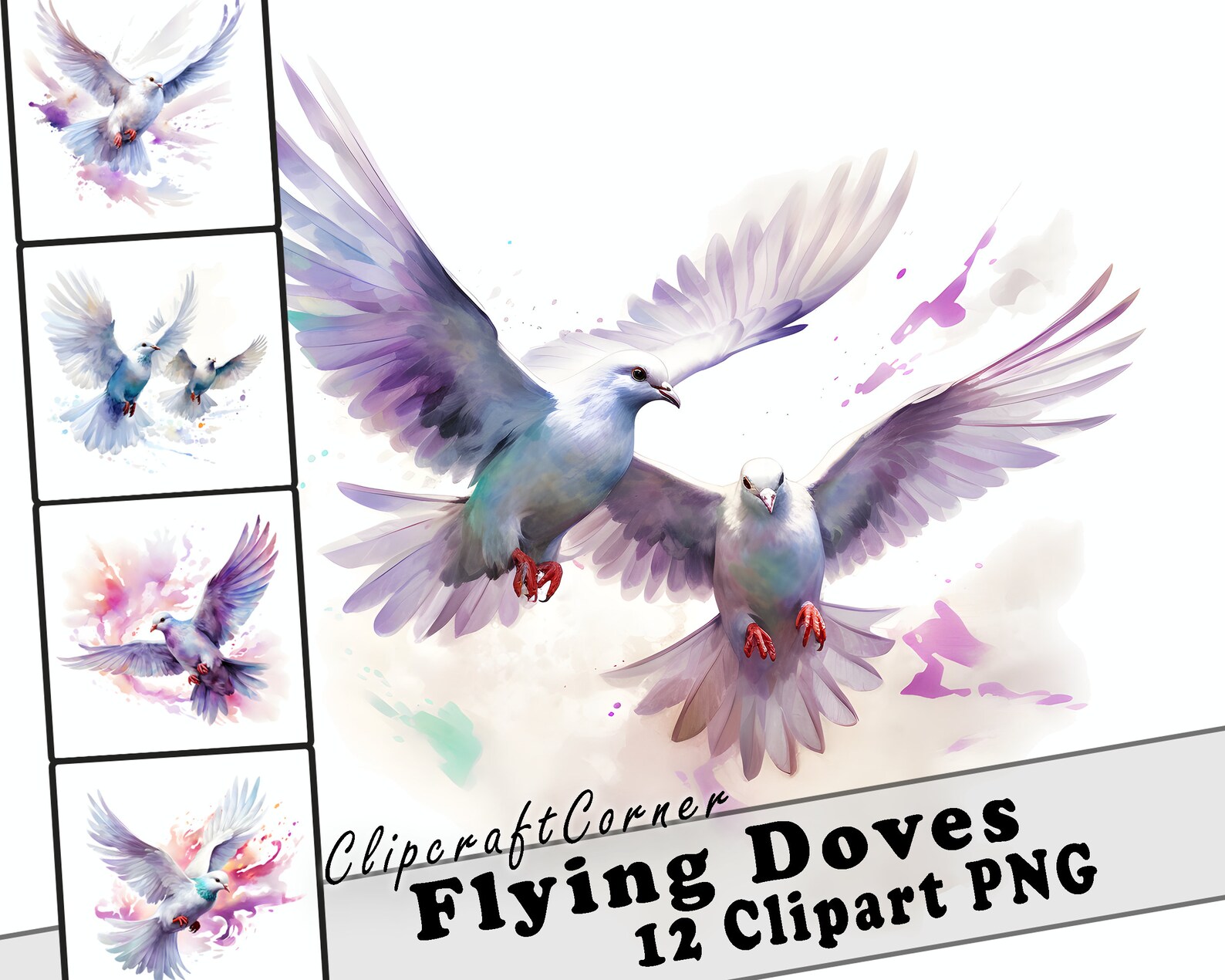 12 Doves in Flight Clipart PNG Art Bundle | Watercolor Bird Clipart PNG ...