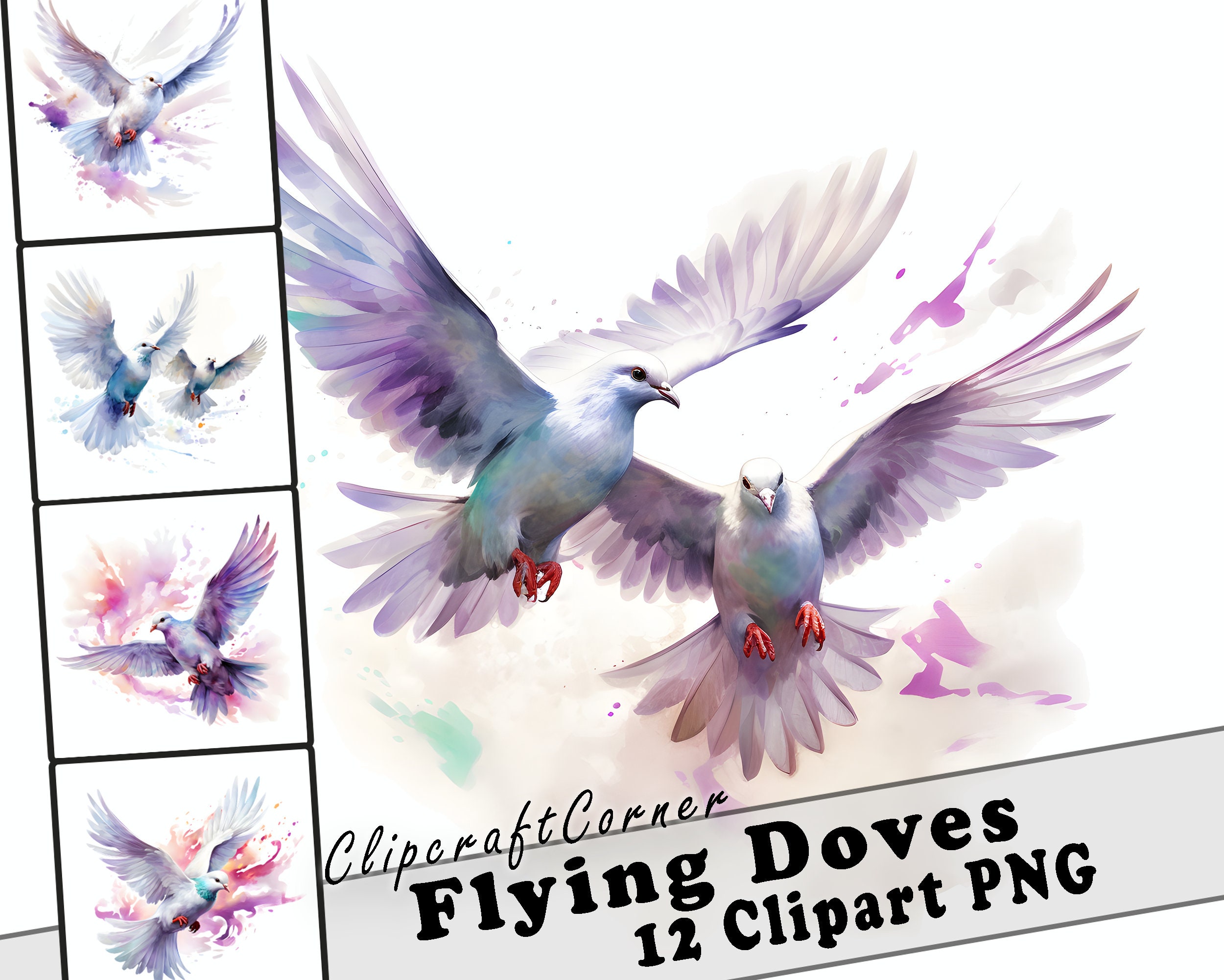 12 Doves in Flight Clipart PNG Art Bundle Watercolor Bird Clipart PNG ...
