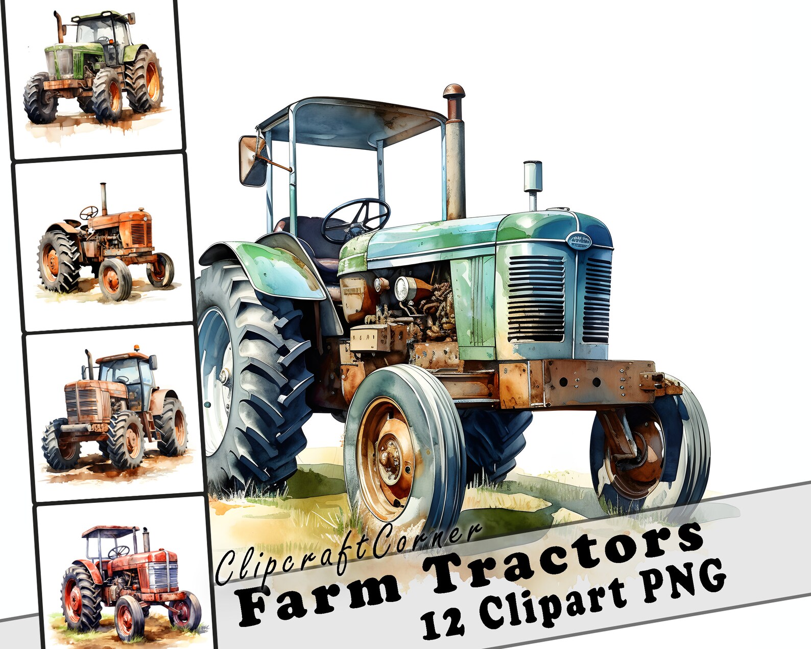 12 Farm Tractors Clipart PNG Bundle | Watercolor Tractor Clipart PNG ...