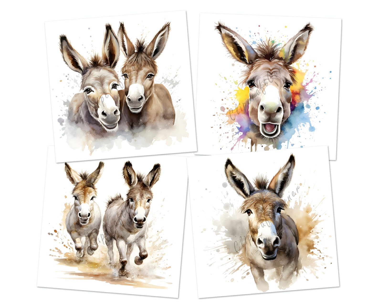 12 Happy Donkeys Clipart PNG Bundle | Watercolor Donkey Clipart PNG ...