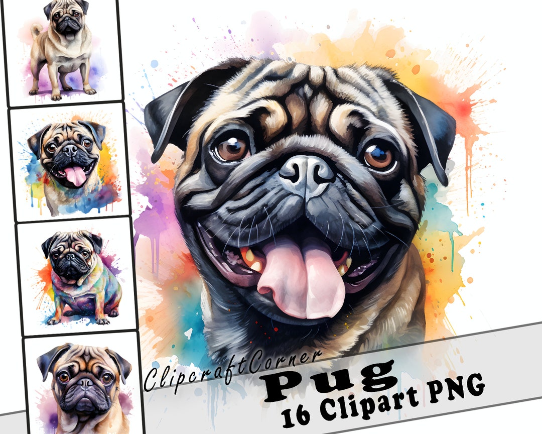 16 Pug Clipart PNG Bundle | Watercolor Dog Clipart PNG | 54 - Etsy