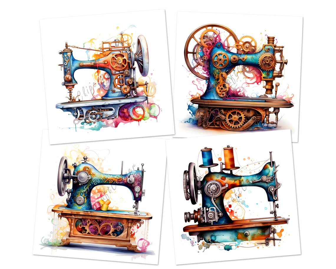 12 Steampunk Sewing Machine Clipart PNG Bundle | Watercolor Steampunk ...
