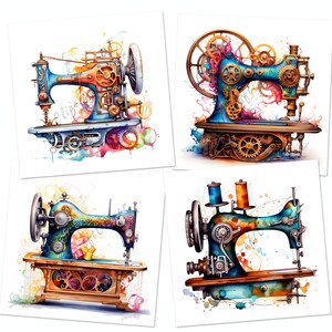 12 Steampunk Sewing Machine Clipart PNG Bundle | Watercolor Steampunk ...