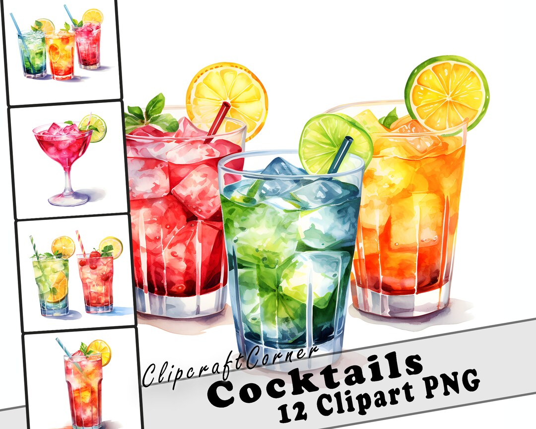 12 Cocktail Clipart PNG Bundle | Watercolor Drinks Clipart PNG | Drink ...