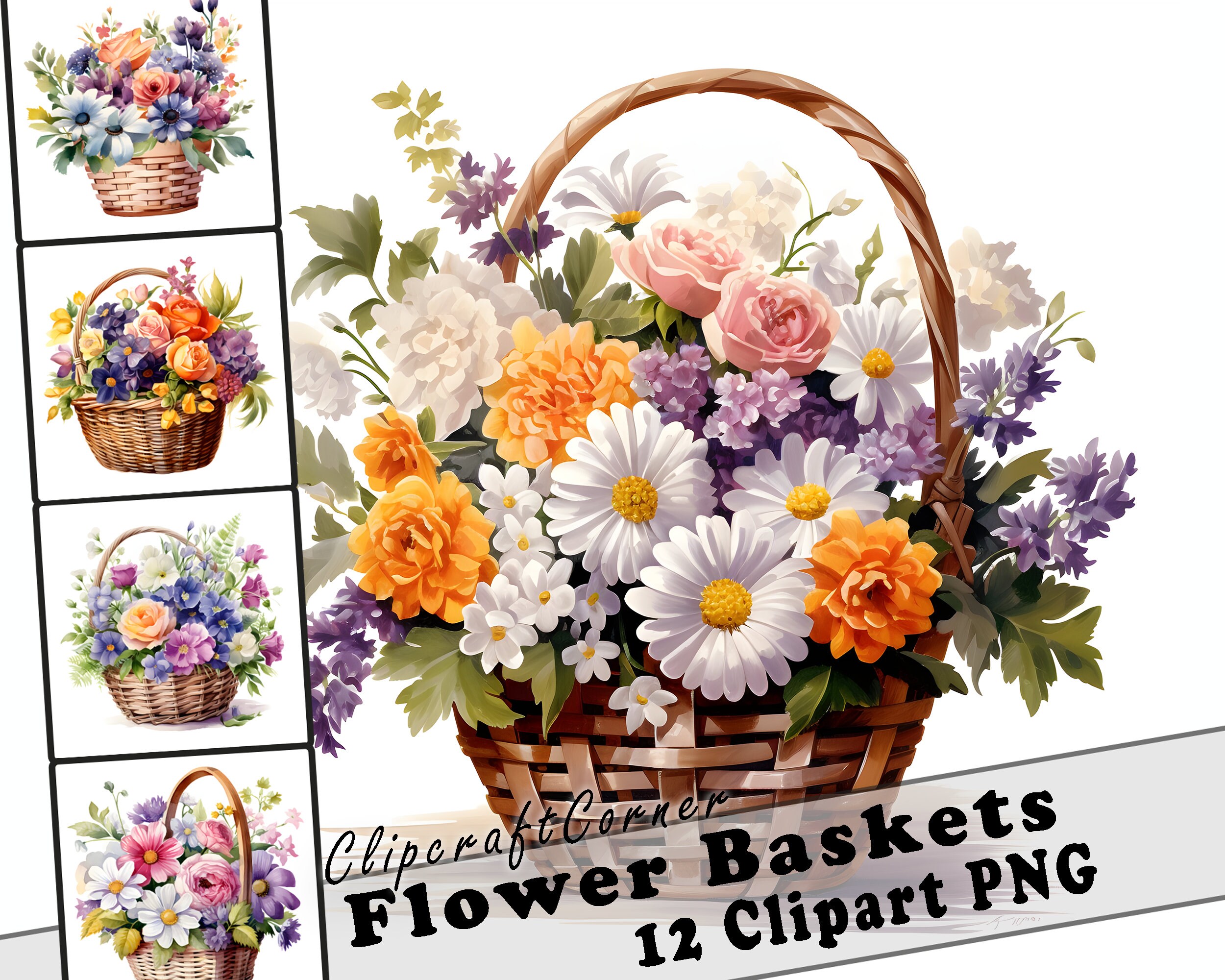 12 Flower Basket Clipart PNG Bundle Watercolor Flowers Clipart PNG Farm ...