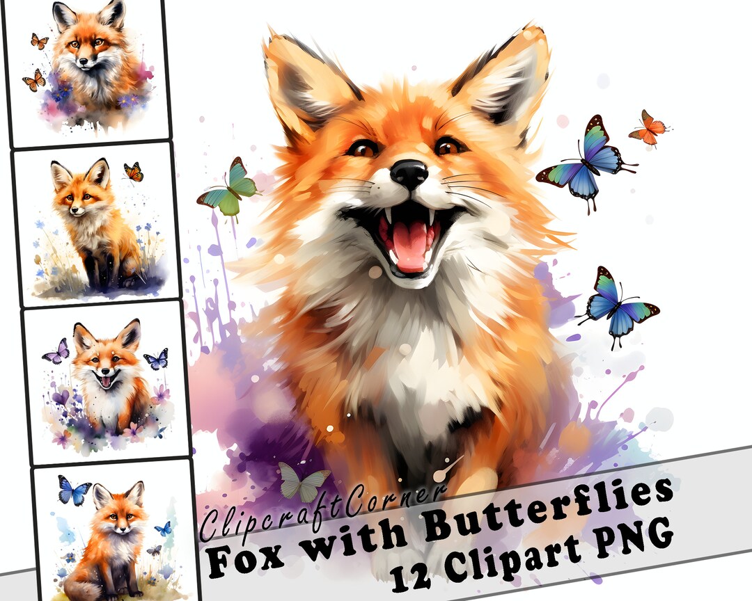 12 Fox and Butterflies Clipart PNG Forest Animal Bundle | Watercolor ...