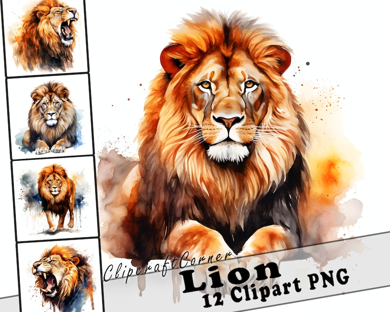 12 Lion Clipart PNG Savannah Animal Bundle | Watercolor Lion Clipart ...