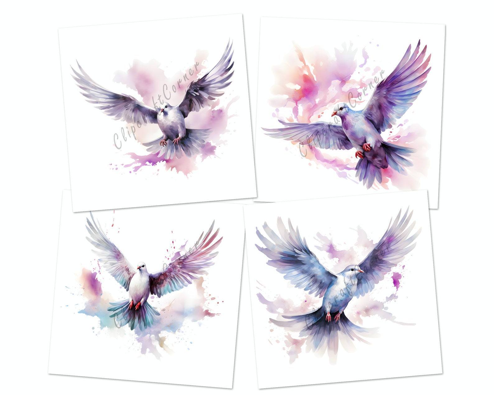 12 Doves in Flight Clipart PNG Art Bundle | Watercolor Bird Clipart PNG ...
