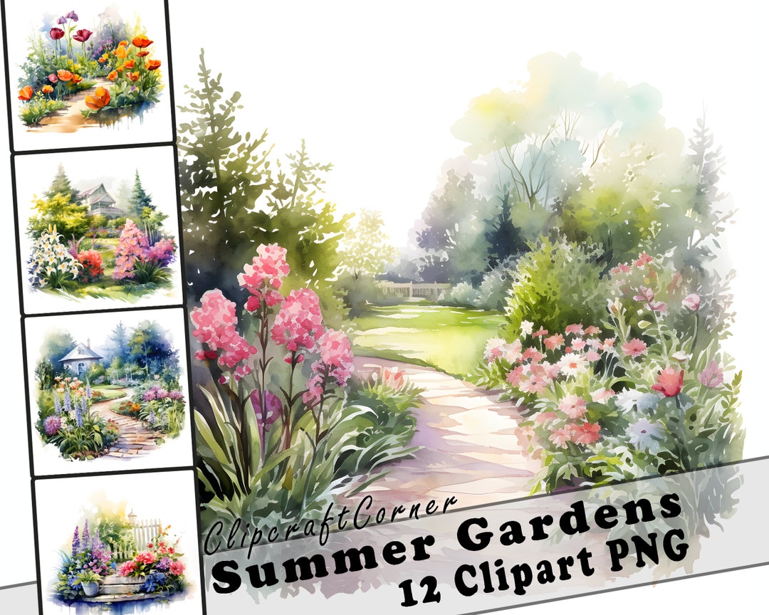 12 Summer Garden Clipart PNG Bundle | Watercolor Summer Garden Clipart ...