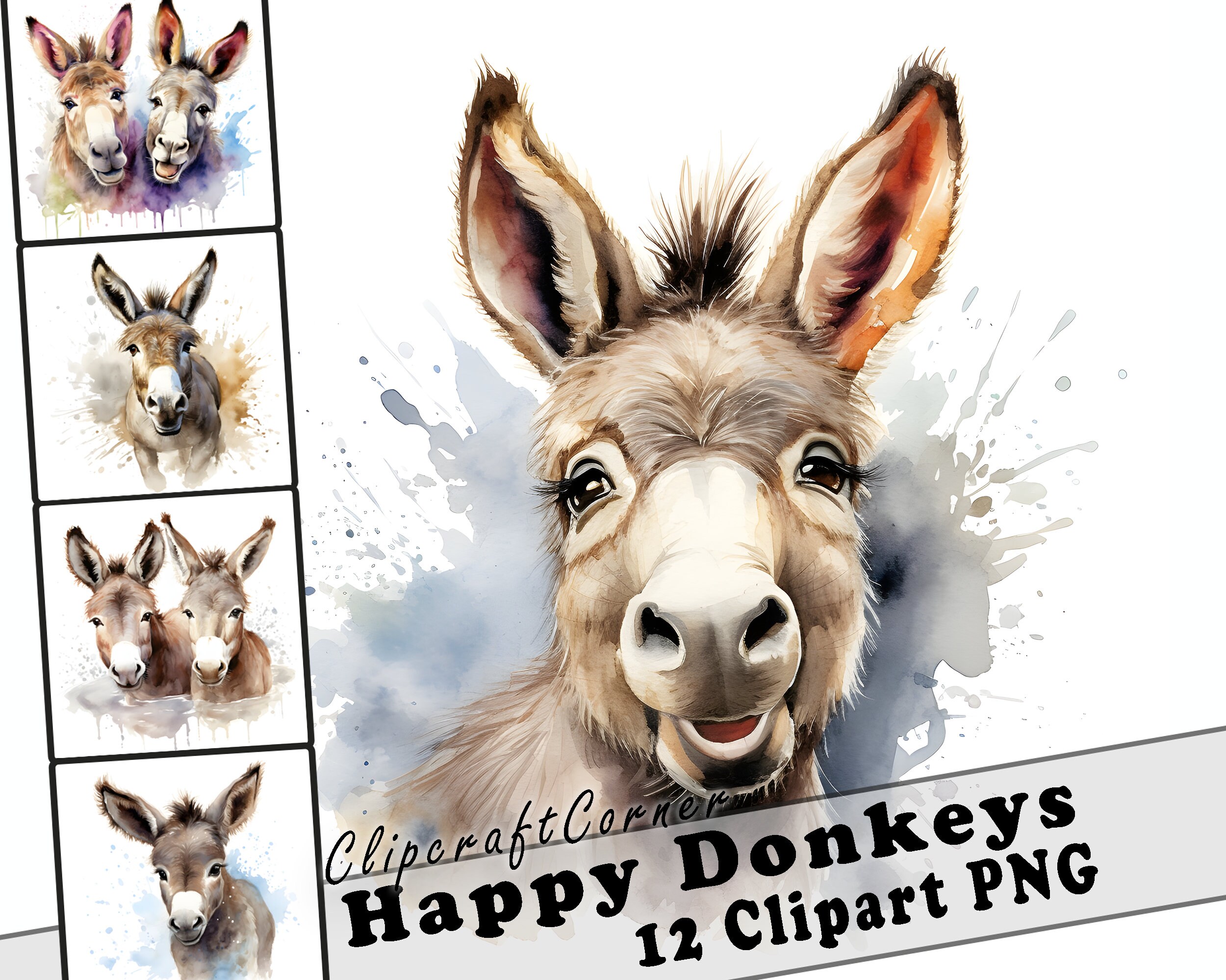 12 Happy Donkeys Clipart PNG Bundle Watercolor Donkey Clipart PNG Farm ...