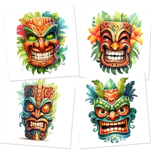 12 Tiki Mask Clipart PNG Bundle | Tropical Watercolor Clipart PNG ...